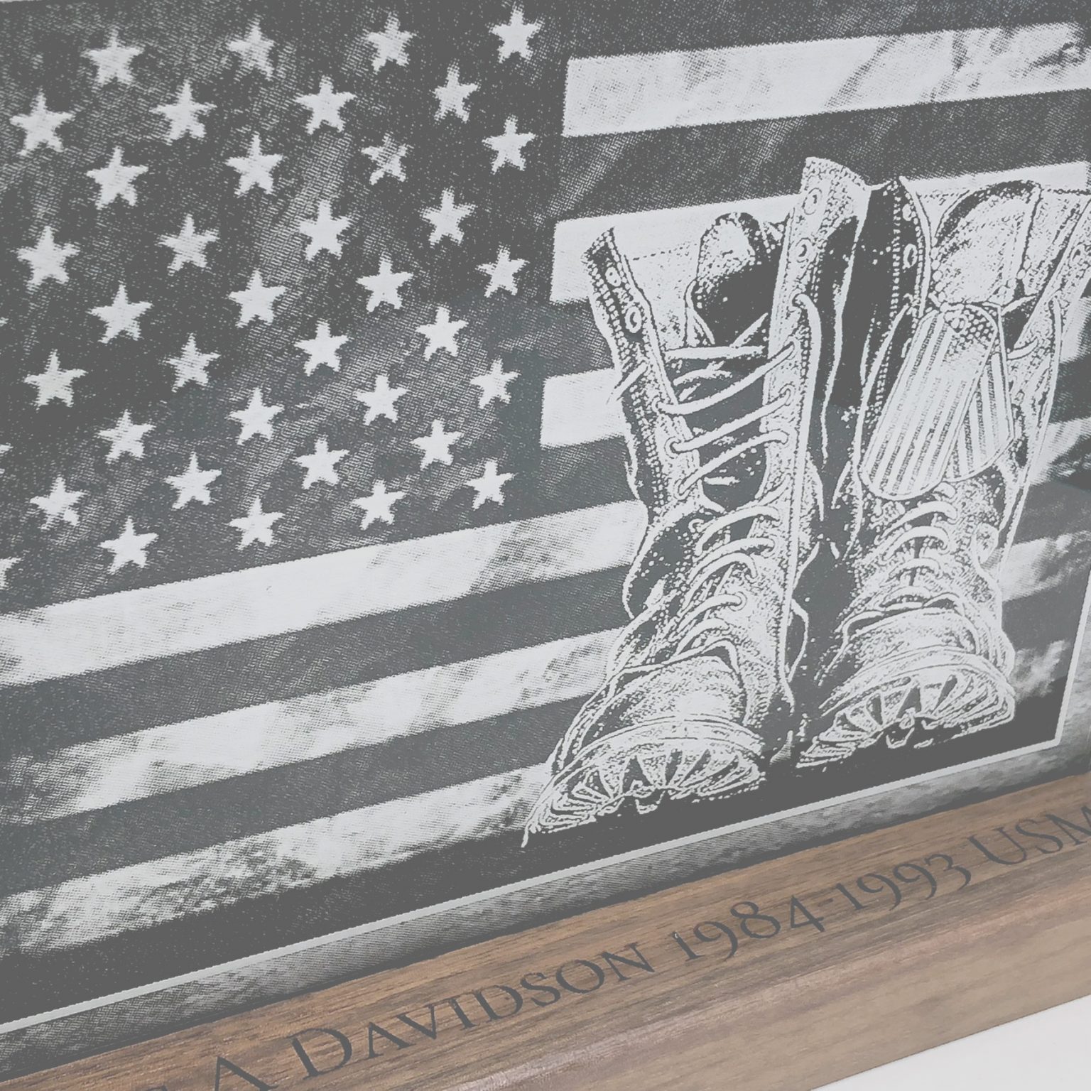 American Flag with Military Boots Laser engraved Acrylic Walnut or ...