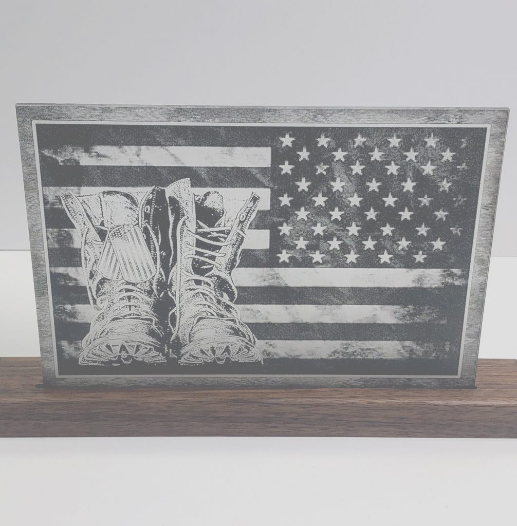 American Flag with Military Boots Laser engraved Acrylic Walnut or ...